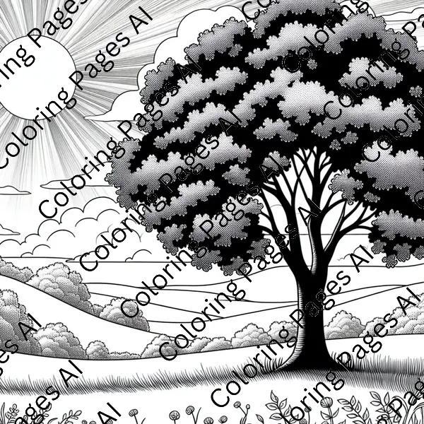 Tree In A Sunny Meadow Coloring Page - Coloring Pages AI