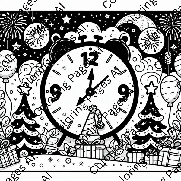 New Year Countdown With A Large Clock Coloring Page - Coloring Pages AI