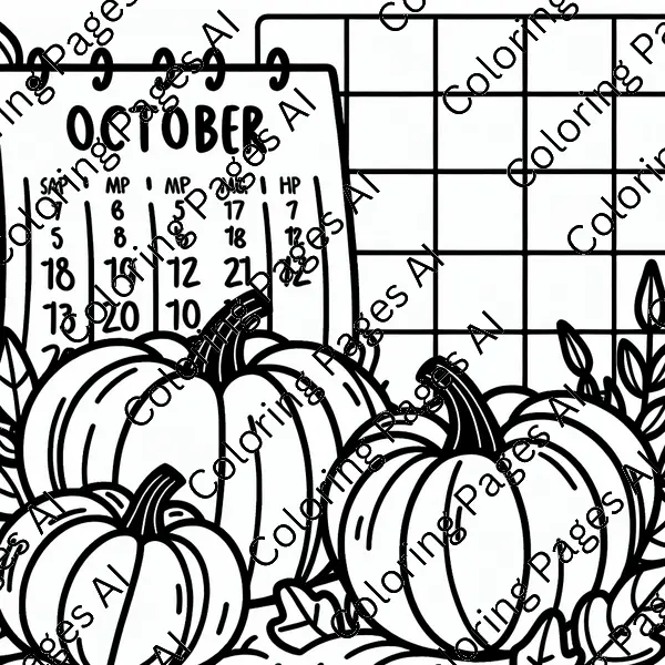 Pumpkins With The October Calendar Coloring Page - Coloring Pages AI