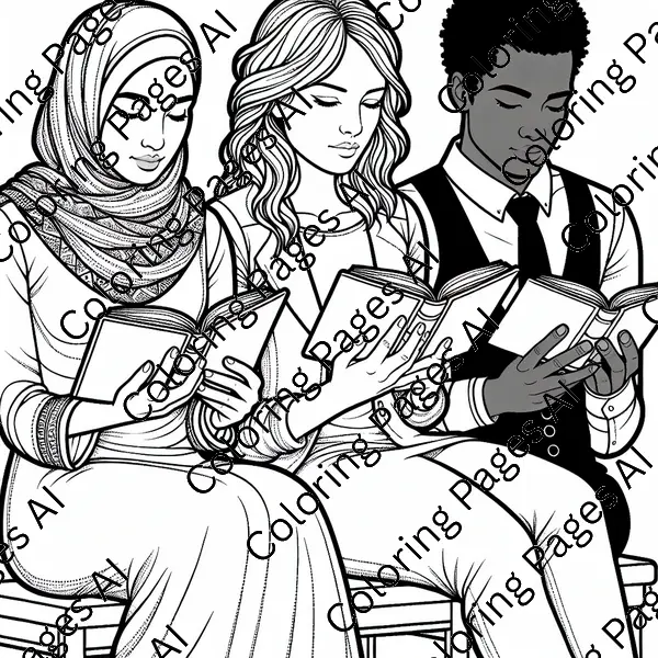 Adults Reading A Book Coloring Page - Coloring Pages AI