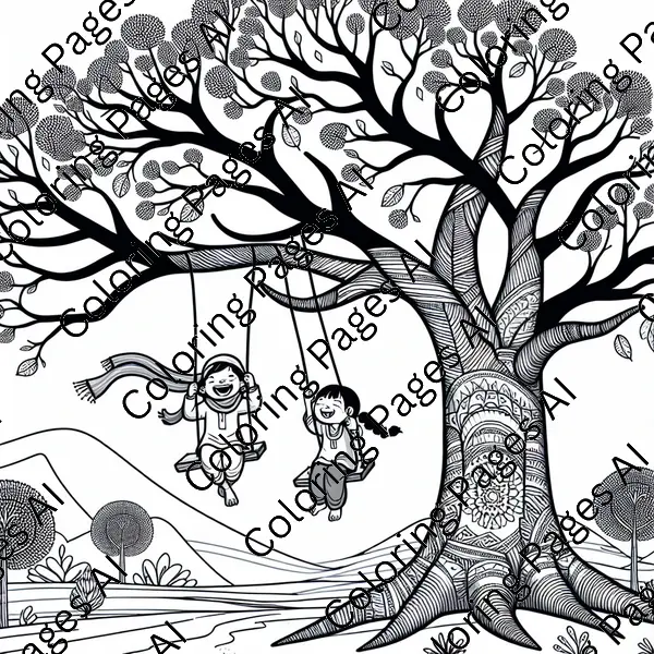 Tree With Children Swinging From Its Branches Coloring Page - Coloring ...